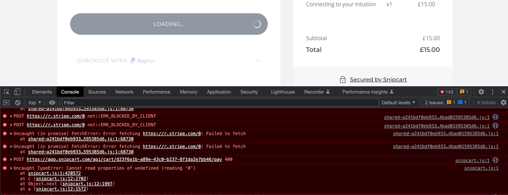 Checkout stuck and throwing errors at payment - Support - Support | Snipcart